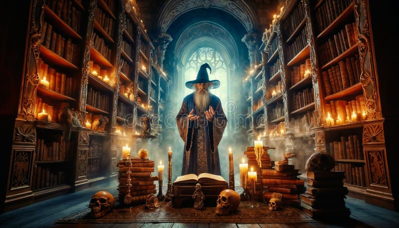 Wise Wizard Inside an Enchanted Library Surrounded by Candles, Books ...