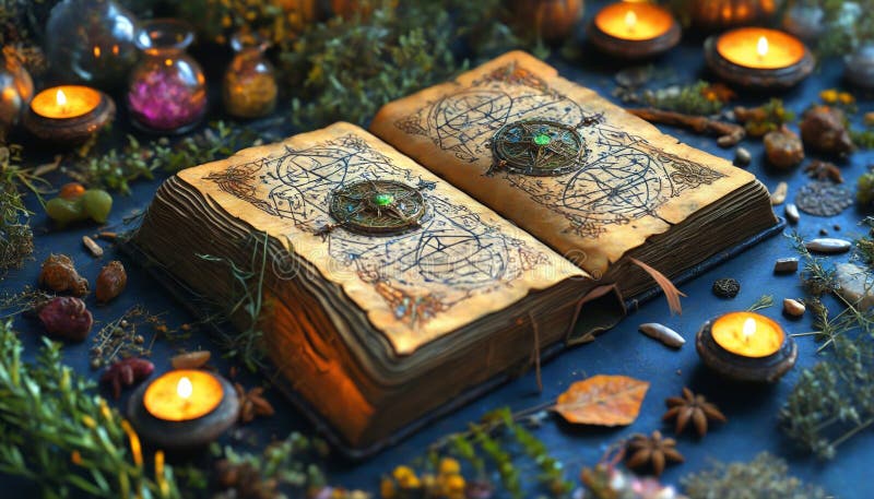 A Mystical Ancient Spellbook Lies Open on a Table Surrounded by Natural ...