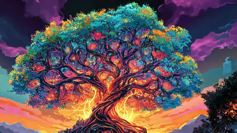 Mystical Ancient Tree in Comic Style Stock Video - Video of light ...