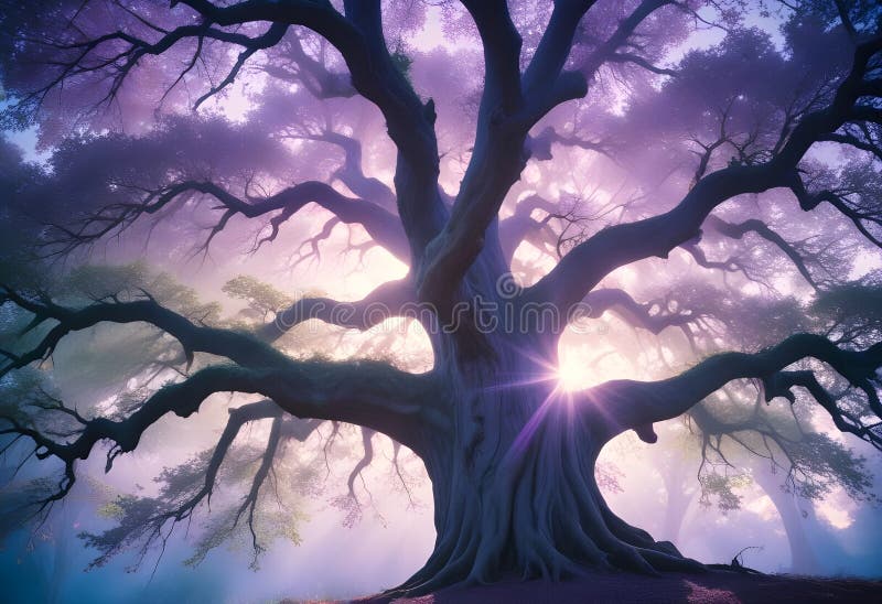 A Mystical, Ancient Tree with Massive Roots Stands Strong in a Misty ...