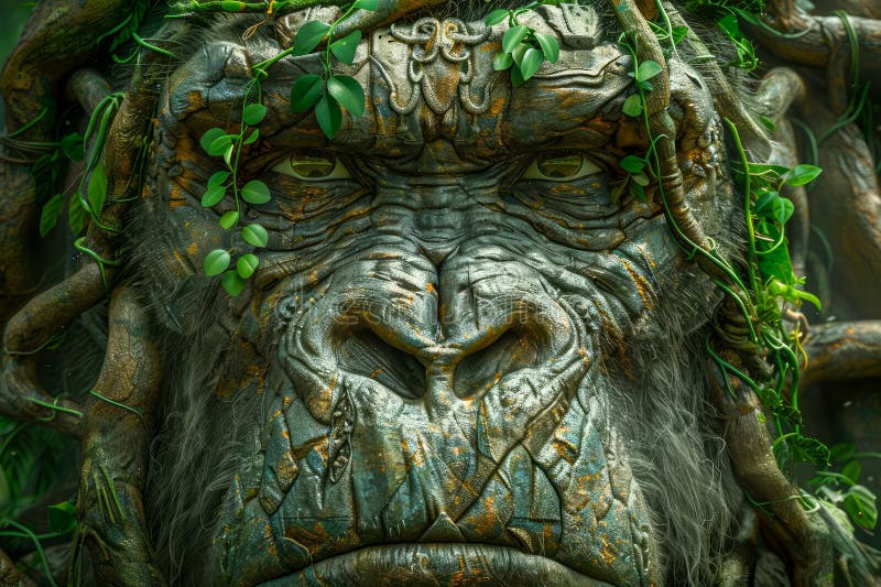 Mystical Ancient Tree Spirit Face Engraved in Stone Surrounded by Vines ...