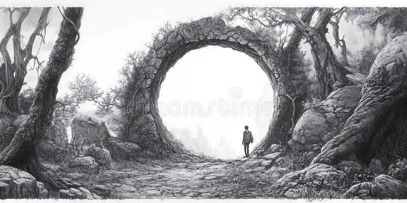 Mystical Archway Black White Forest Path Background Wallpaper Stock ...