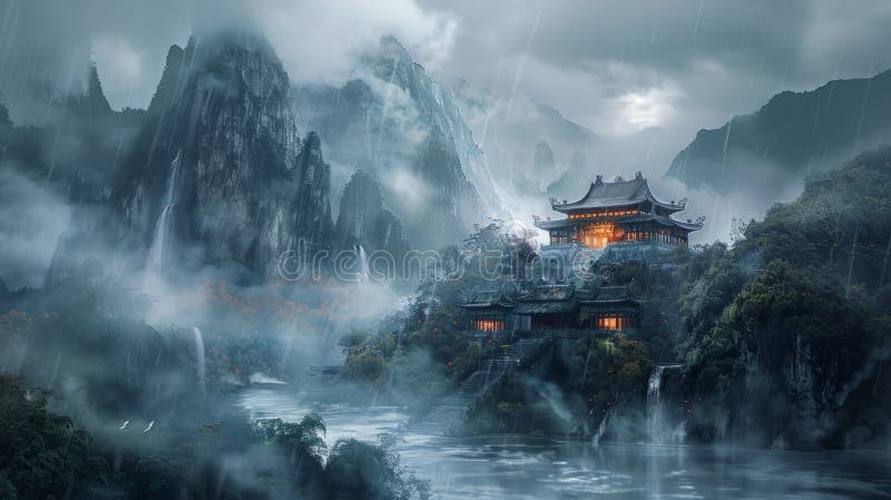 A Mystical Asian Temple Perched on a Mountain S Edge Amidst Steep ...