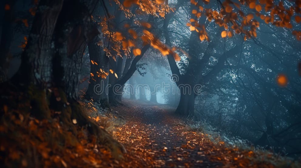 The Mystical Atmosphere of a Forest Path at Dusk, with Shadows ...
