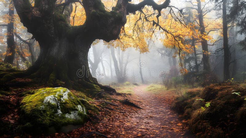 Mystical Autumn Forest Foggy Forest Path, Ancient Oak Tree, Moss ...