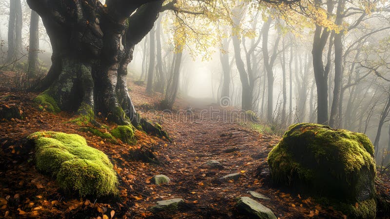 Mystical Autumn Forest Foggy Forest Path, Ancient Oak Tree, Moss ...