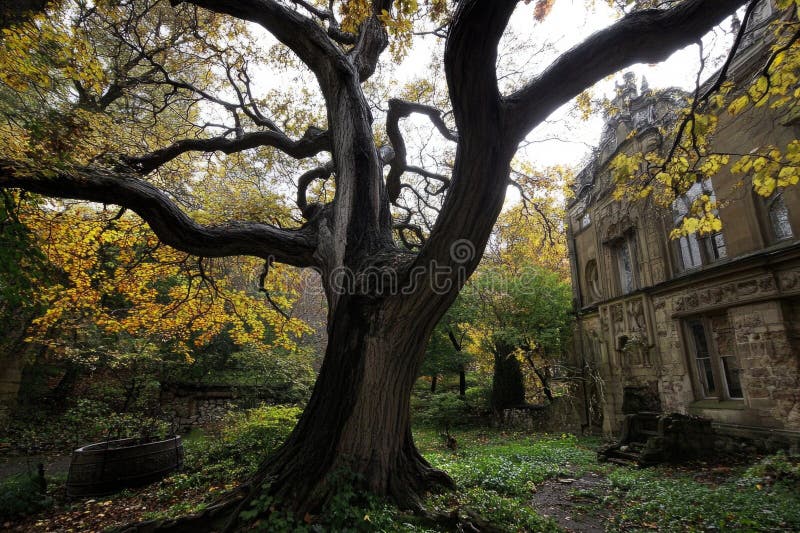Mystical Autumn Garden with Ancient Tree and Historic Building in ...