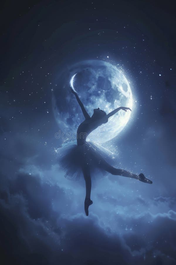 Mystical Ballet. Woman Dancing with the Celestial Moon in Night Sky ...