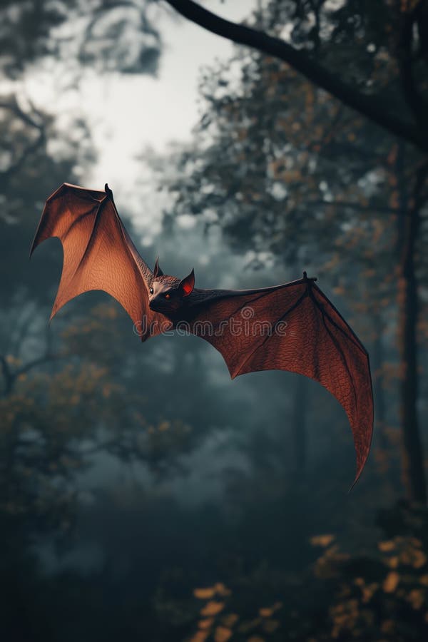 A Mystical Bat Soars through the Shadows of a Dark Forest at Twilight ...