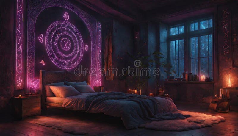 A Mystical Bedroom with Neon Lights Casting Enchanting Runes on the ...