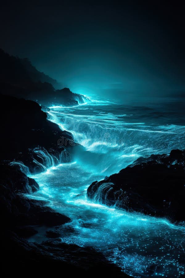 Mystical Bioluminescent Night Ocean Waves Stock Illustration ...