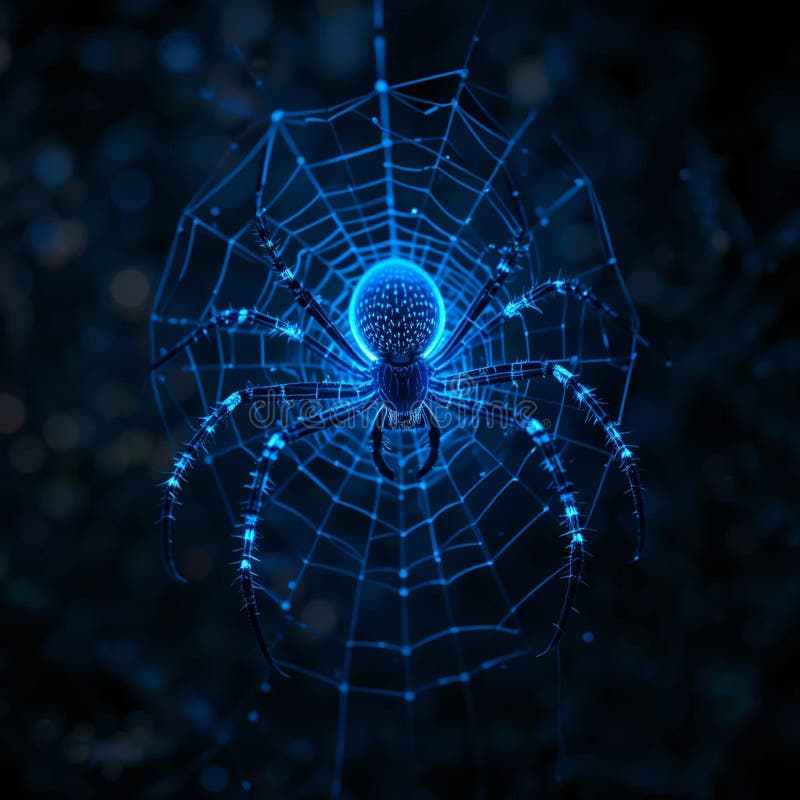 A Mystical Bioluminescent Spider Weaving a Glowing Blue Web in the Dark ...