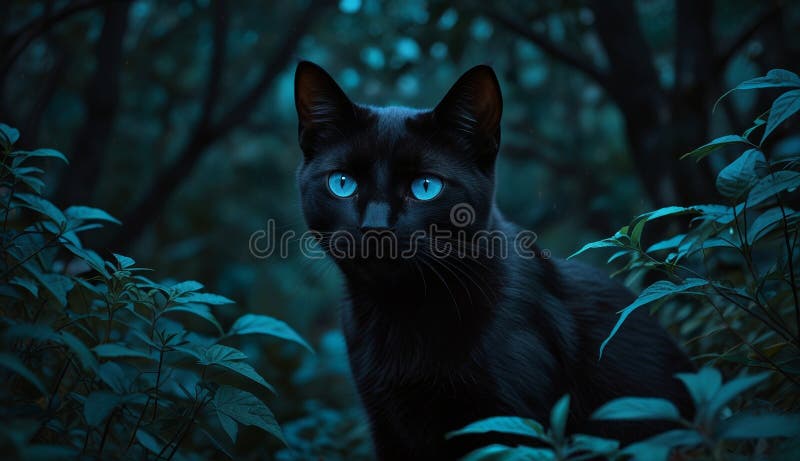 Mystical Black Cat in Moonlight Stock Illustration - Illustration of ...