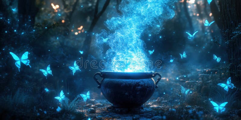 Mystical Blue Butterflies and Enchanted Cauldron in Magical Forest ...