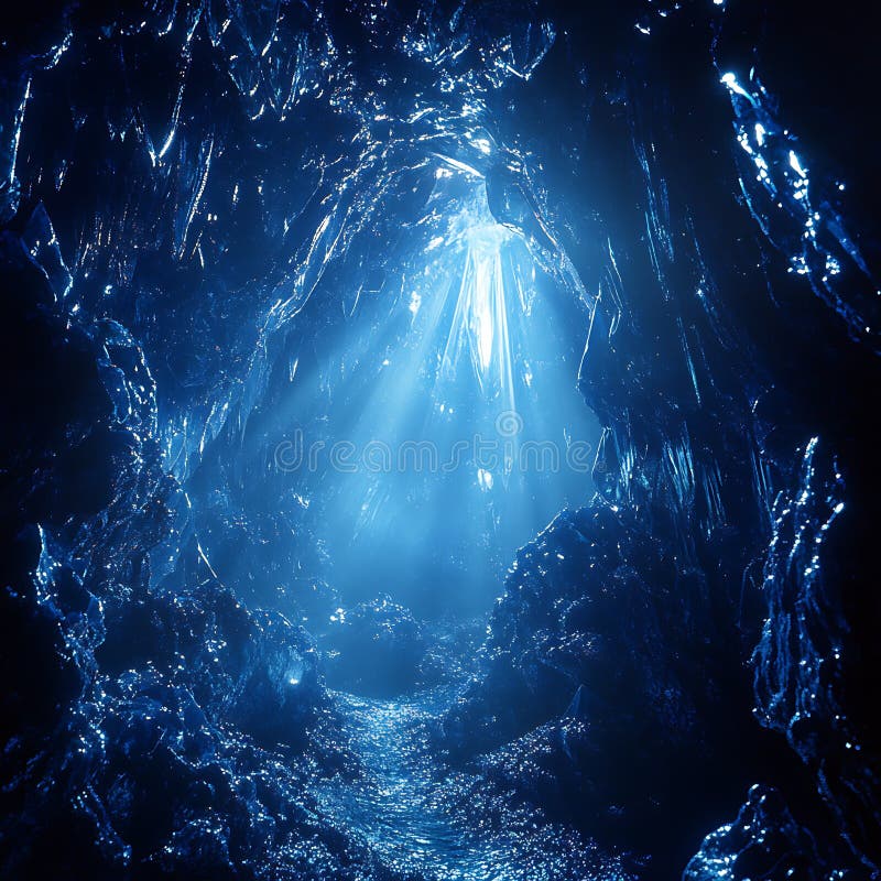 Mystical Blue Cave with Glowing Light Stock Illustration - Illustration ...