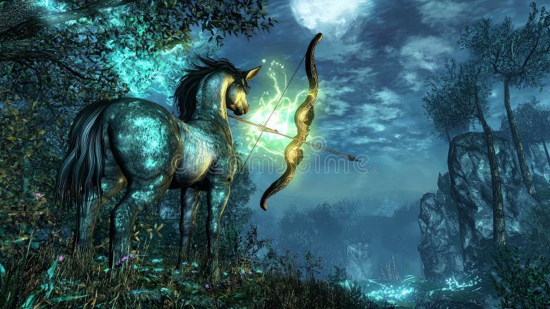 A Mystical Blue Centaur Stands in a Forest at Night, Holding a Glowing ...