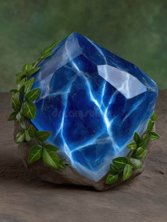 Mystical Blue Crystal Rests on a Mossy Stone. Stock Illustration ...