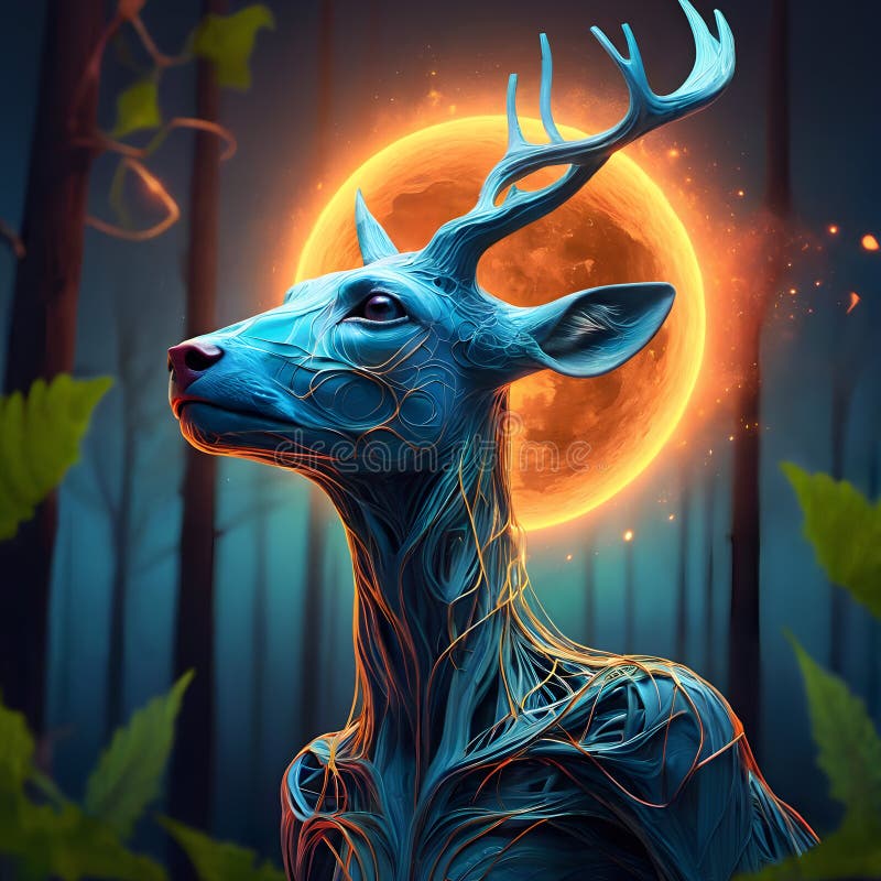 Mystical Blue Deer in Enchanted Forest with Glowing Orange Moon Stock ...