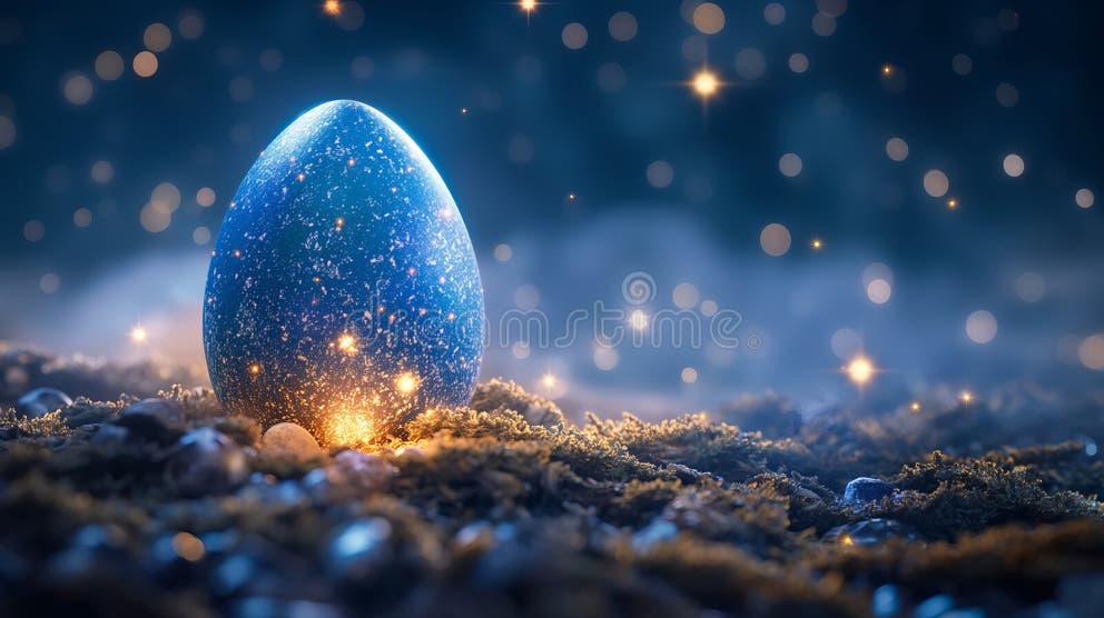 Mystical Blue Easter Egg Illuminated with Stardust in Magical Landscape ...