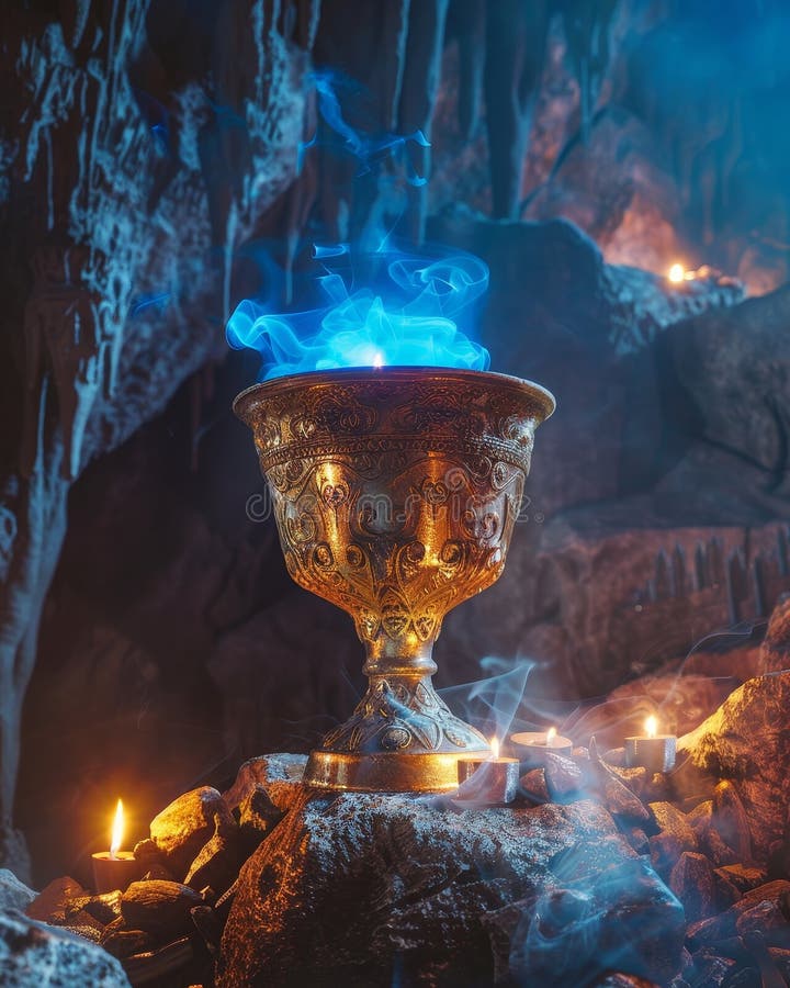 Mystical Blue Flame Rising from an Ornate Golden Chalice in a Cave ...