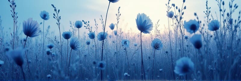 Mystical Blue Flower Field at Dawn in Serene Landscape Stock Photo ...