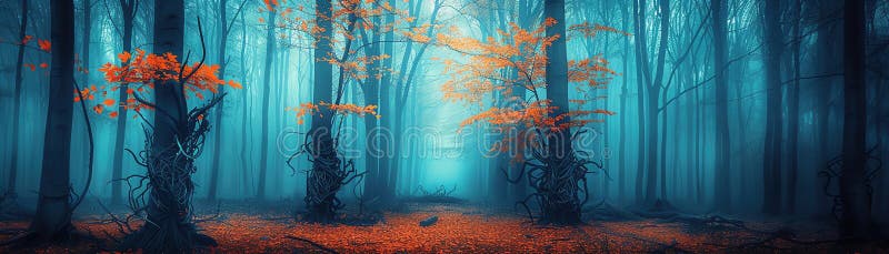 Mystical Blue Forest with Fog and Trees Stock Illustration ...