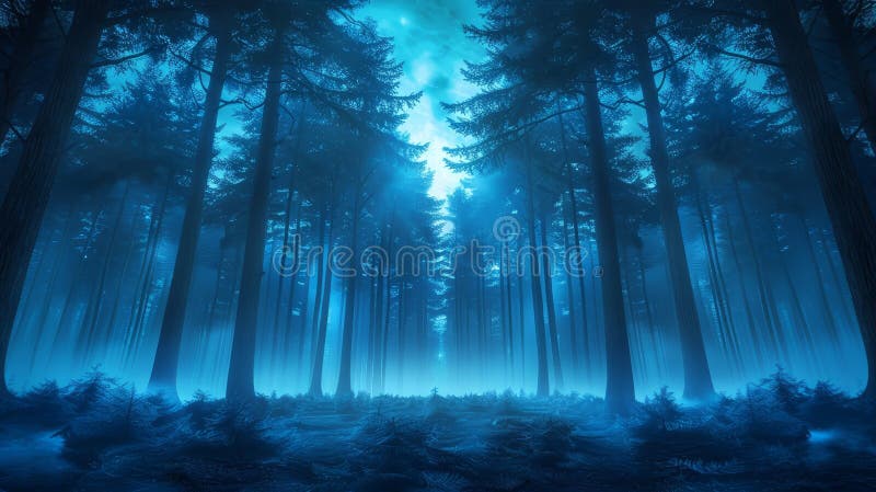 Mystical Blue Forest with Foggy Atmosphere Stock Illustration ...