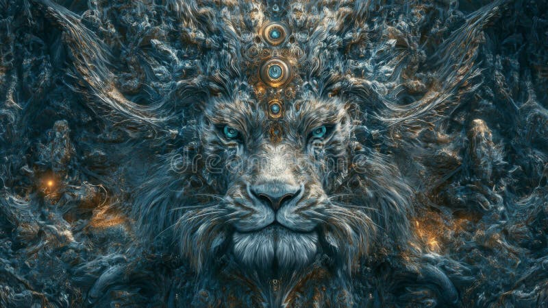 Mystical Blue and Gold Lion Digital Art Stock Illustration ...