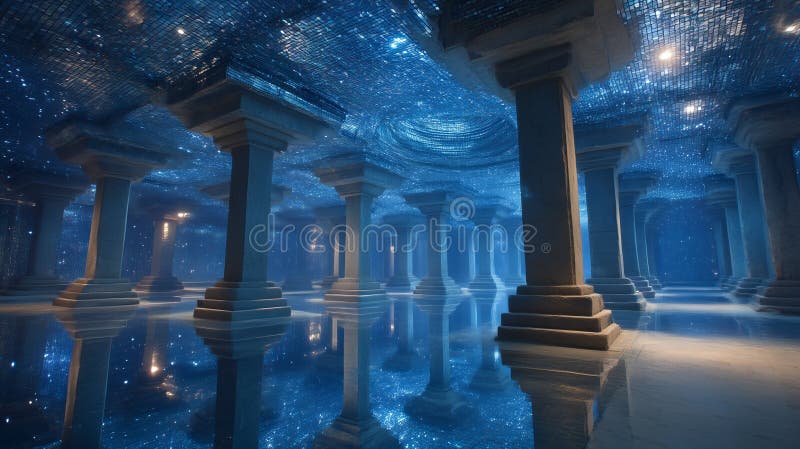 Mystical Blue Hall of Columns with Starry Reflections Stock ...