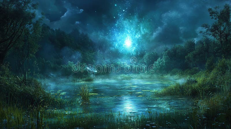 Mystical Blue Light Over a Tranquil Swamp at Night Stock Illustration ...