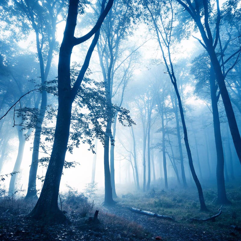 Forest Under a Blue Layer of Mist Stock Illustration - Illustration of ...