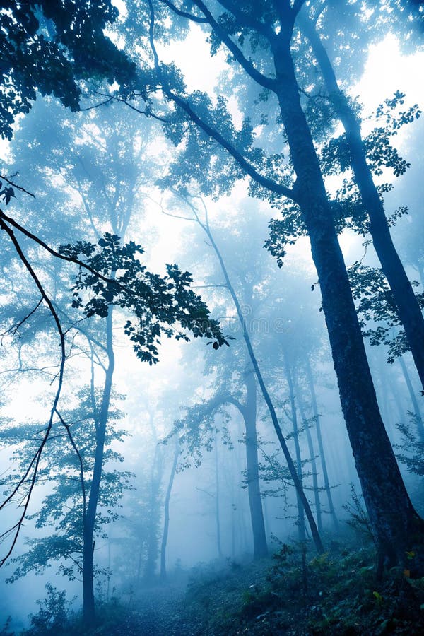 Forest Under a Blue Layer of Mist Stock Illustration - Illustration of ...