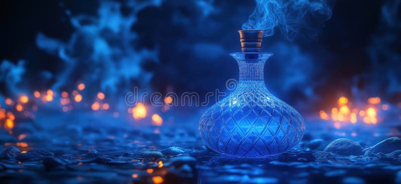 Mystical Blue Potion Bottle with Smoke and Flames in Dark Environment ...