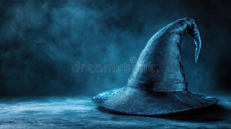 Mystical Blue Wizard Hat with Atmospheric Smoke on Dark Background ...