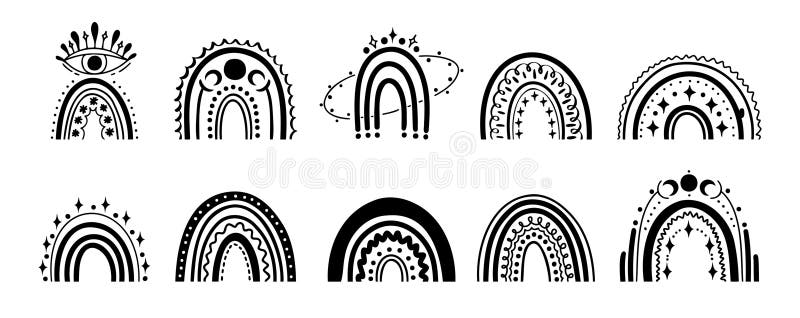 Mystical Boho Magic Rainbow Doodle Isolated Clipart, Black and White ...