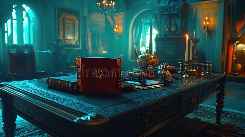 Mystical Book on Antique Desk in Gothic Study Stock Image - Image of ...