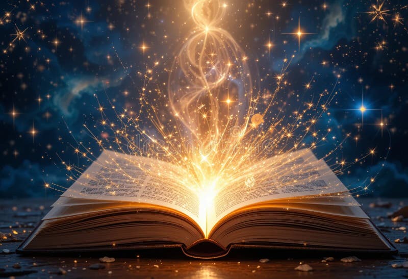 A Mystical Book Emitting Swirling Magic Against a Cosmic Backdrop Stock ...