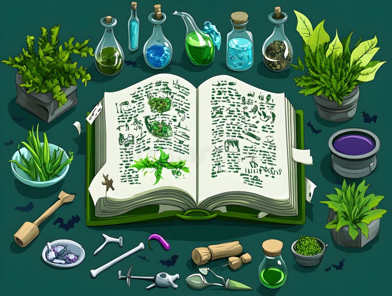 A Mystical Book of Potions Surrounded by Plants and Various Alchemical ...
