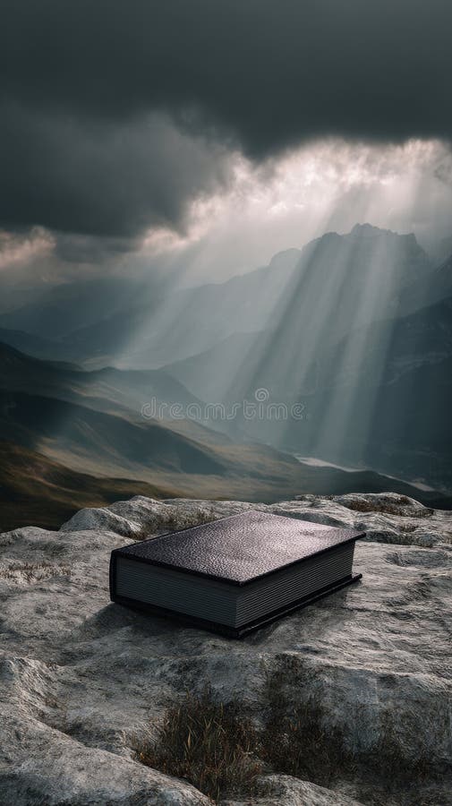 Mystical Book on Rocky Mountain Under Dramatic Sky with Sun Rays ...