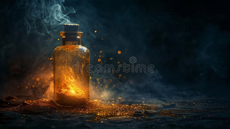Mystical Bottle Releasing a Cloud of Sparkling Dust, Set in a Shadowy ...