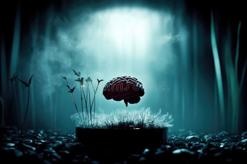 Mystical Brain in Enchanted Forest with Glowing Light and Misty ...