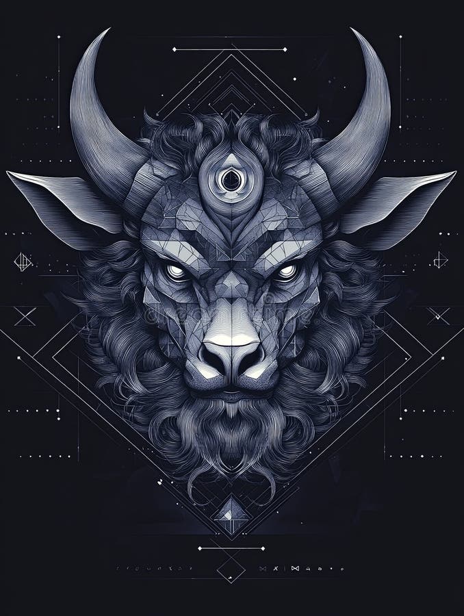 Mystical Bull Head Portrait with Geometric Patterns, Dark Blue Tones ...