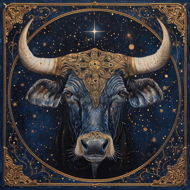 Mystical Bull Portrait with Golden Patterns on a Starry Night ...