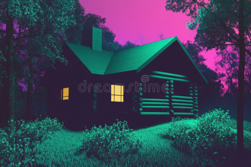 Mystical Cabin at Night with Neon Pink and Green Lighting in a Forest ...