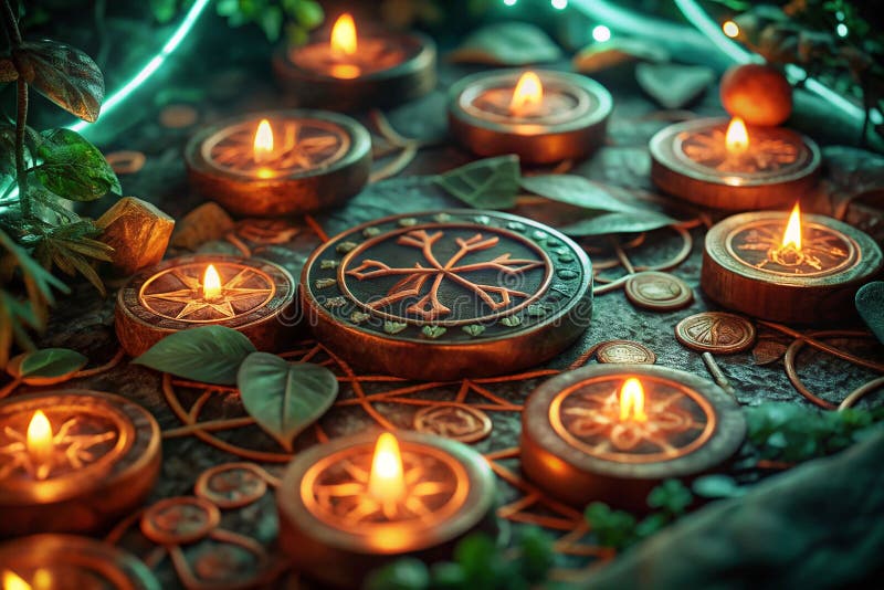 Mystical Candles Circle Pattern on Dark Surface with Plants Stock ...