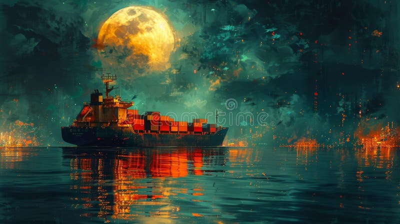 Mystical Cargo Ship Under Full Moon - Generative Ai Stock Illustration ...