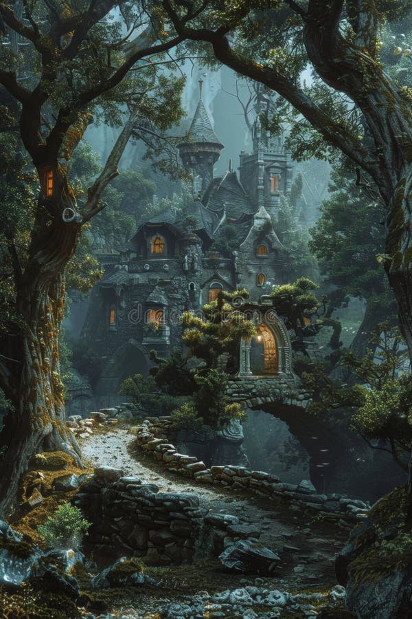 Mystical Fantasy Castle in Enchanted Forest at Night with Glowing ...