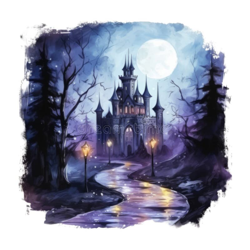 A Mystical Castle Under a Full Moon Stock Photo - Illustration of river ...