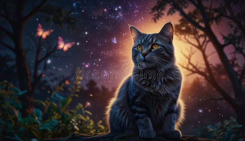 Mystical Cat in Enchanted Forest Stock Illustration - Illustration of ...
