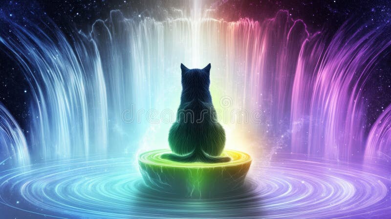 A Mystical Cat Gazes at a Vibrant, Colorful Waterfall Under a Starry ...